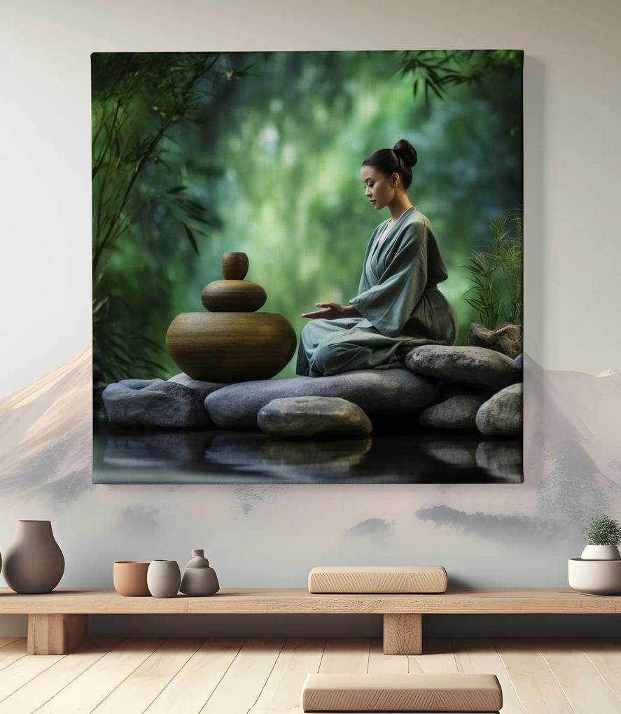 Obraz na plátně - Meditace, žena u dřevěných misek FeelHappy.cz Velikost obrazu: 100 x 100 cm