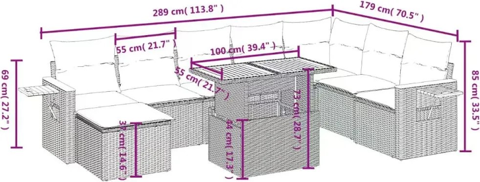 9dílná zahradní sedací souprava s poduškami béžová polyratan 3273656