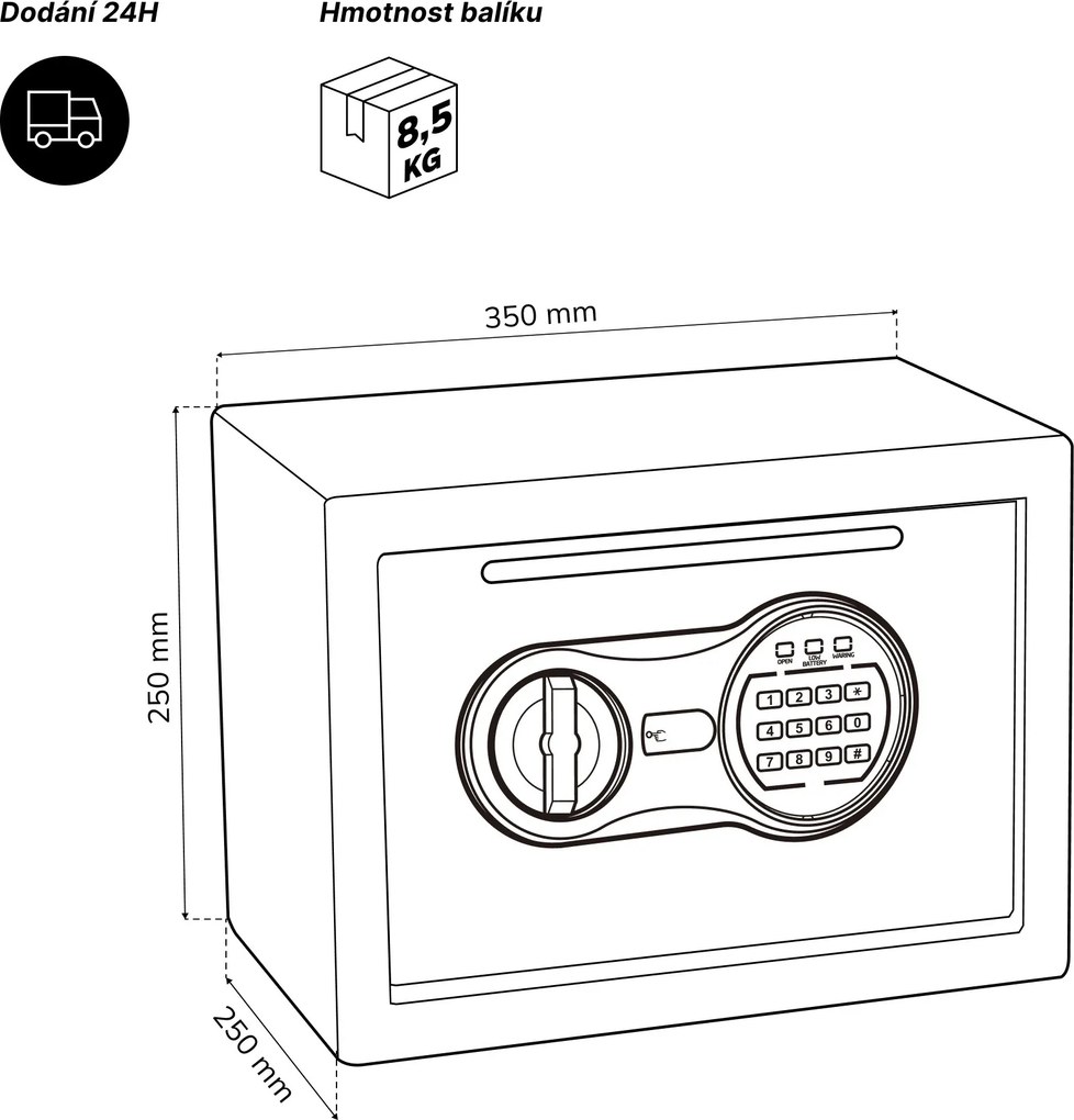 Malý vhazovací trezor na kód, elektronický, na tržbu a obálky, 350x250x250 mm: PIERCE