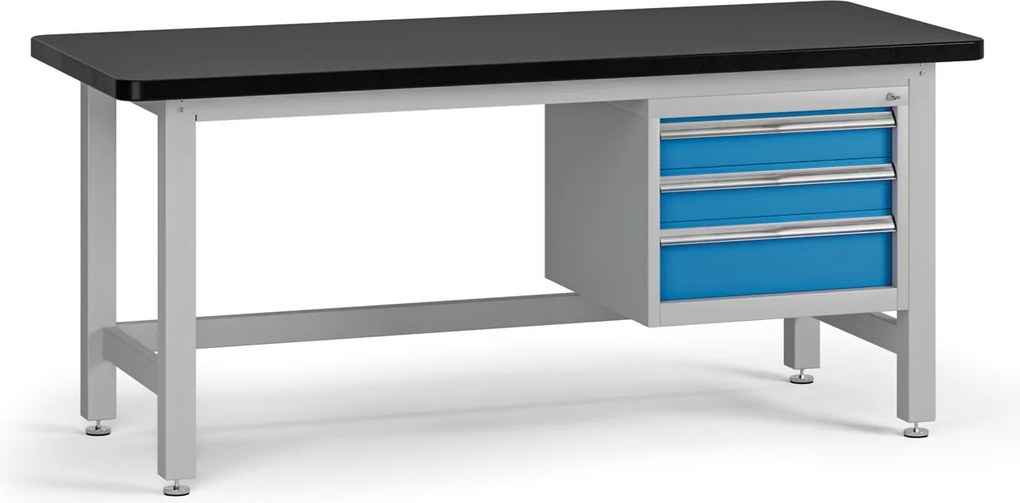 Profesionální dílenský stůl G4, 3 zásuvky, deska MDF + PVC, 1800 x 750 x 800 mm, modrá