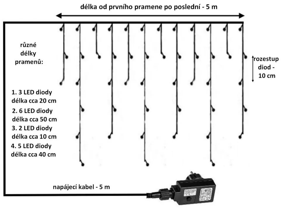 VOLTRONIC® 59792 Vánoční světelný déšť 200 LED studená bílá - 5 m + ovladač