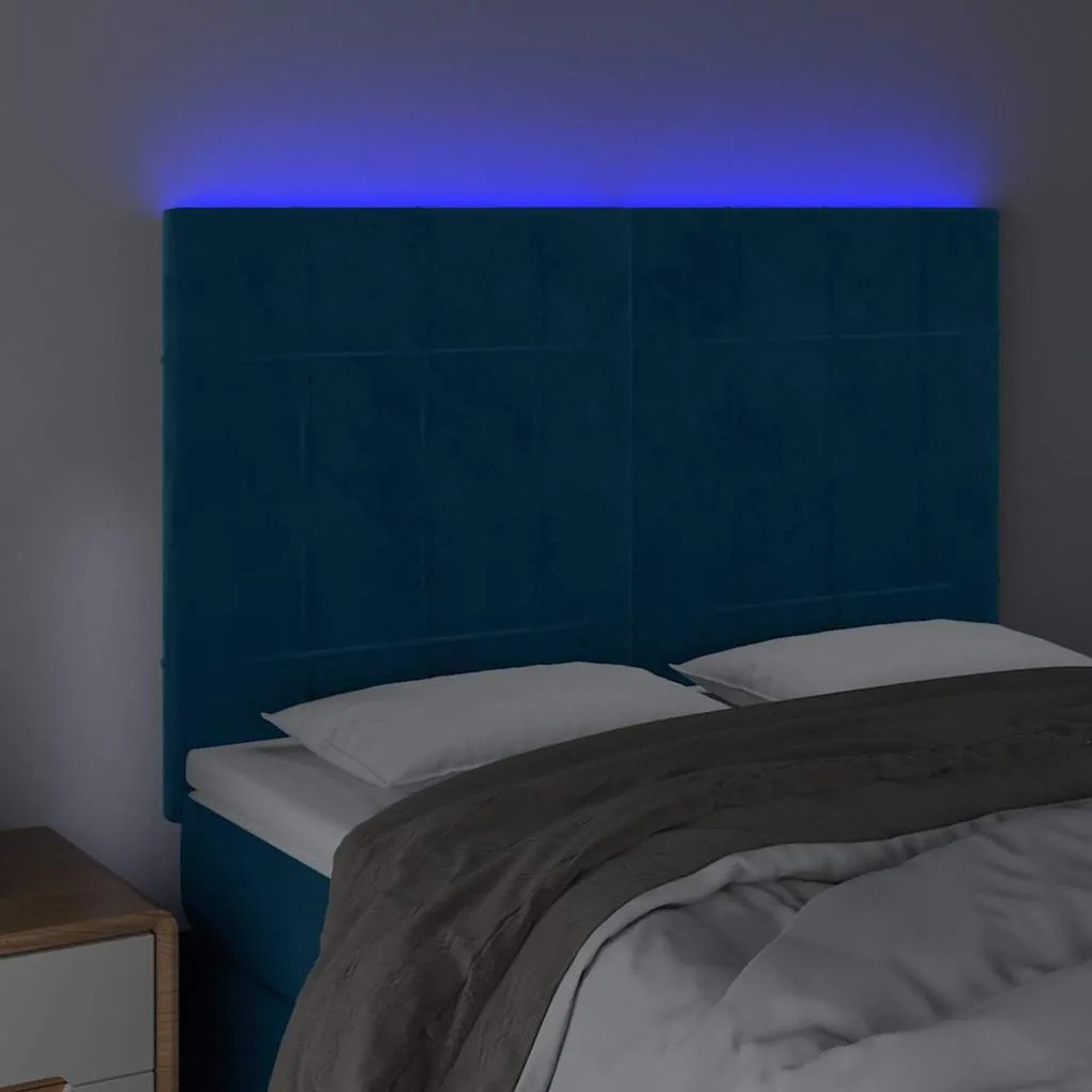 Čelo postele s LED tmavě modré 144x5x118/128 cm samet 3122476