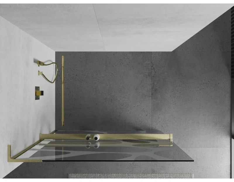 Mexen Kioto+ L, sprchová zástěna Walk-In s poličkou a věšákem 120 x 200 cm, 8mm čiré sklo bílý vzor, zlatý matný profil, 800-120-123-55-97