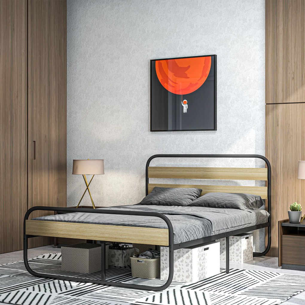 HOMCOM Dvoulůžko 140 x 190 cm, kovový rám v industriálním stylu, čelo a nožní část včetně roštu, dřevěný vzhled