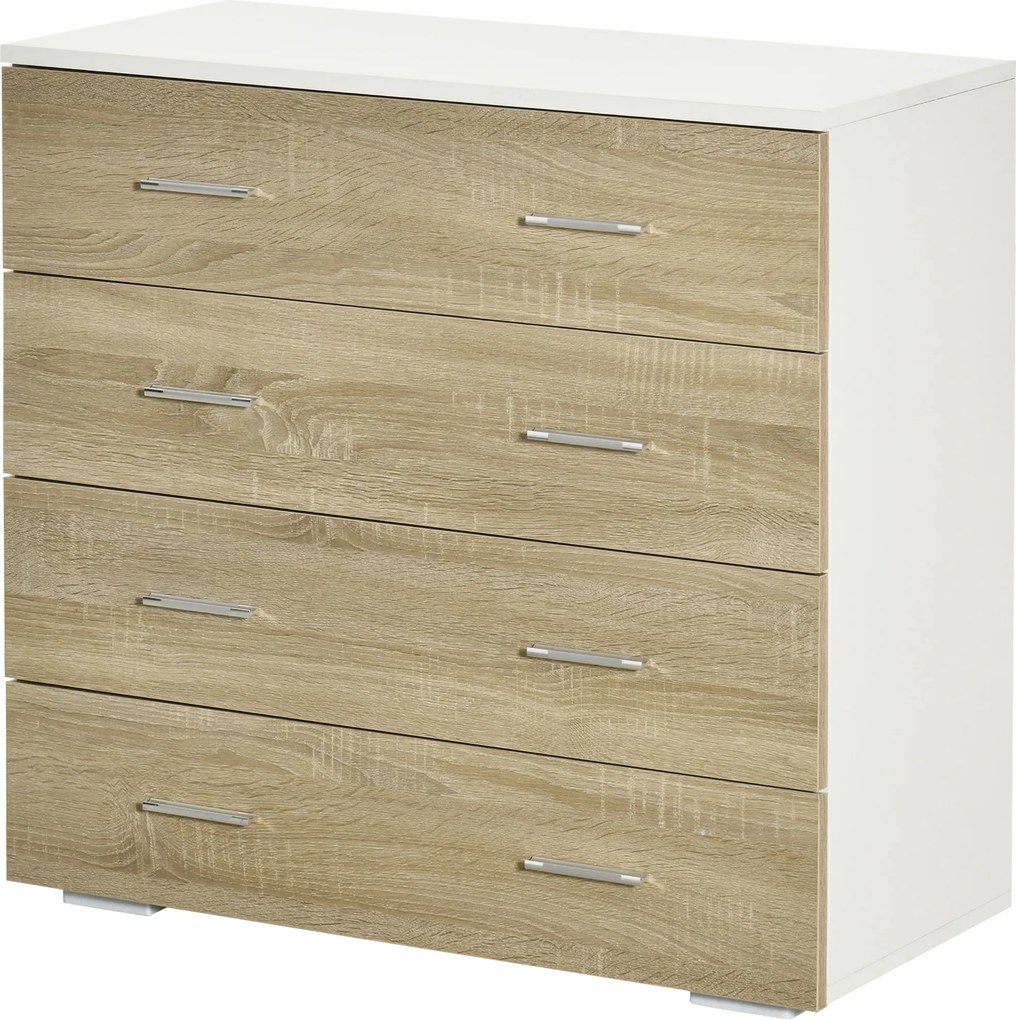 HOMCOM Komoda se 4 šuplíky - Moderní pomocný úložný kabinet do ložnice, chodby nebo obývacího pokoje, 76x35x72 cm, dub a bílá