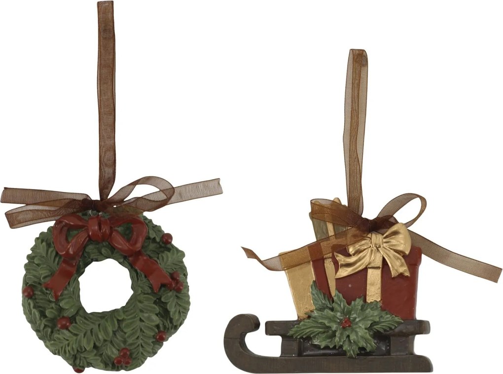 Sada 2ks závěsných dekorací Noël věneček a sáňky třešňové barvy – 9*2*8,5 cm
