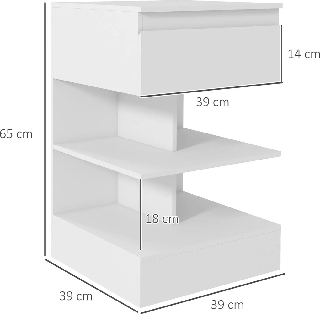 HOMCOM Noční stolek s šuplíkem a 2 otevřenými policemi pro ložnici, obývací pokoj, postel a kancelář, moderní styl 39x39x65 cm Bílá
