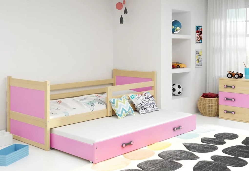 Expedo Dětská postel FIONA P2 + matrace + rošt ZDARMA, 90x200 cm, borovice, růžová
