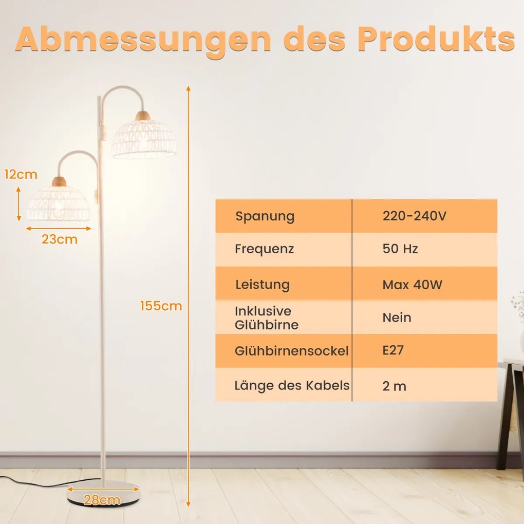 Costway Stojací lampa se 2 světly a nožním spínačem otočná stromová lampa o 350°