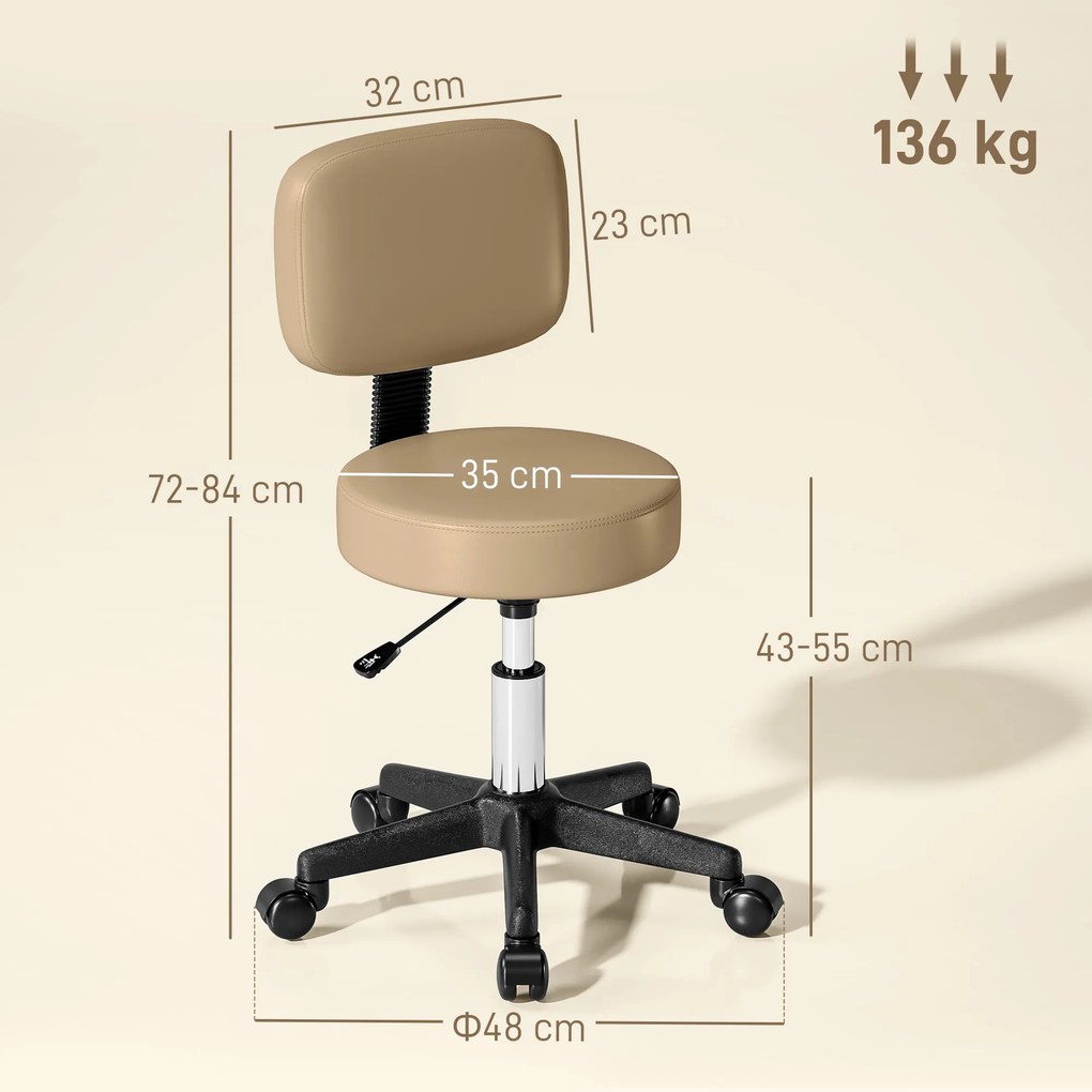 HOMCOM Výškově nastavitelná pojízdná stolička se zády 72-84 cm vysoká, 360° otočná pracovní stolička pro kancelář, salon, světle hnědá