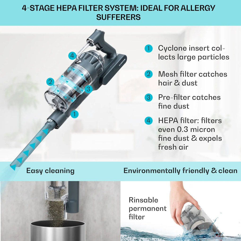 Klarstein LARMA, vysavač, akumulátorový, bezsáčkový, maximální doba provozu 45 min, LED dioda