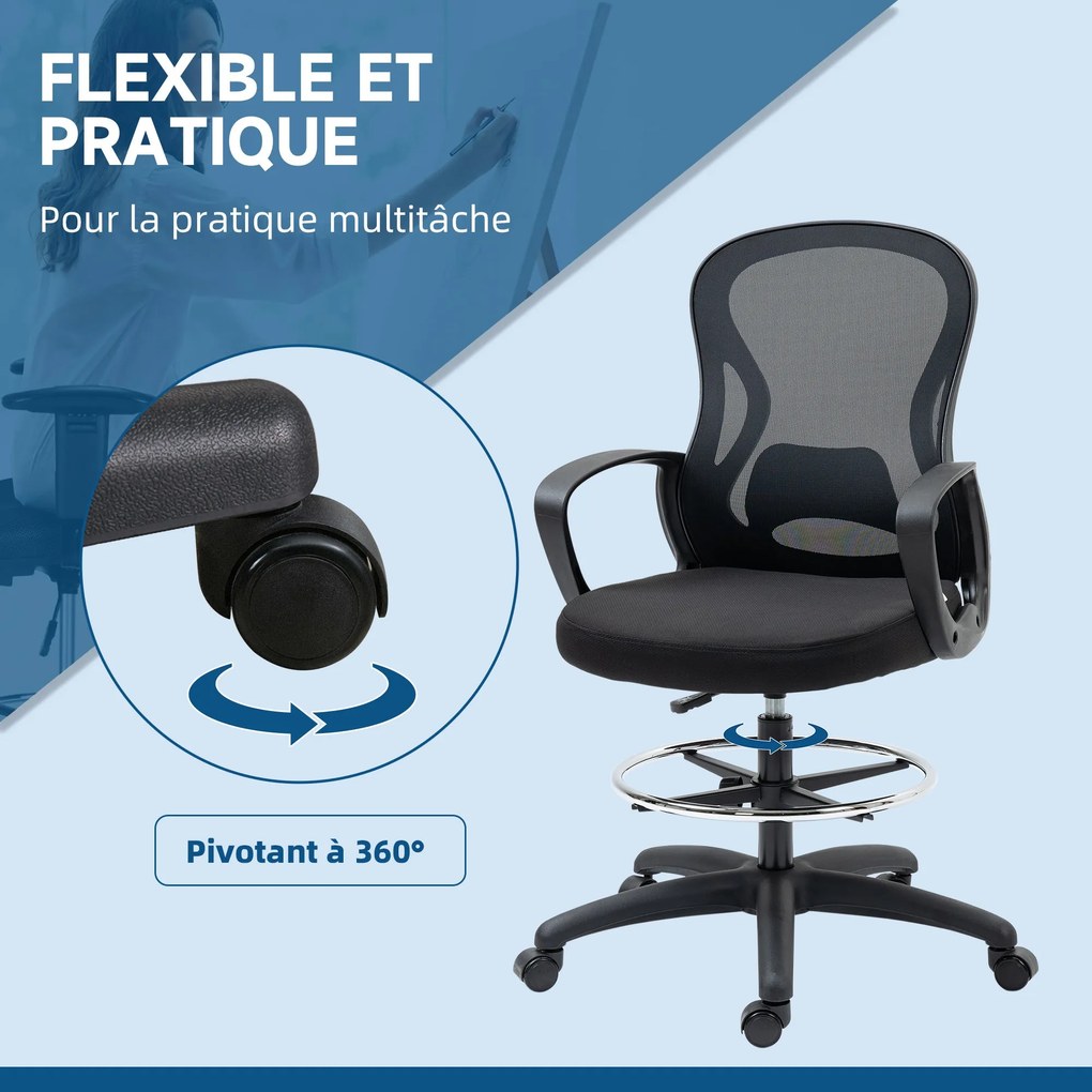 Vinsetto Kancelářská židle s vysokým opěrákem - nastavitelná, rozměry 59 Š x 65 H x 124 V cm, 360° otáčecí, prodyšná černá síťovina
