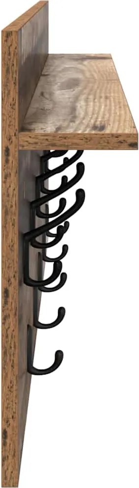 věšák, nástěnný, 1 prkno, háčky, kompozitní dřevo, 40x100x12 cm, staré dřevo, Dekorino TK20260019