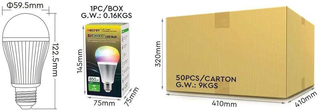Miboxer LED stmívatelná žárovka E27, jas+CCT, 9W, 2.4GHz, FUT019