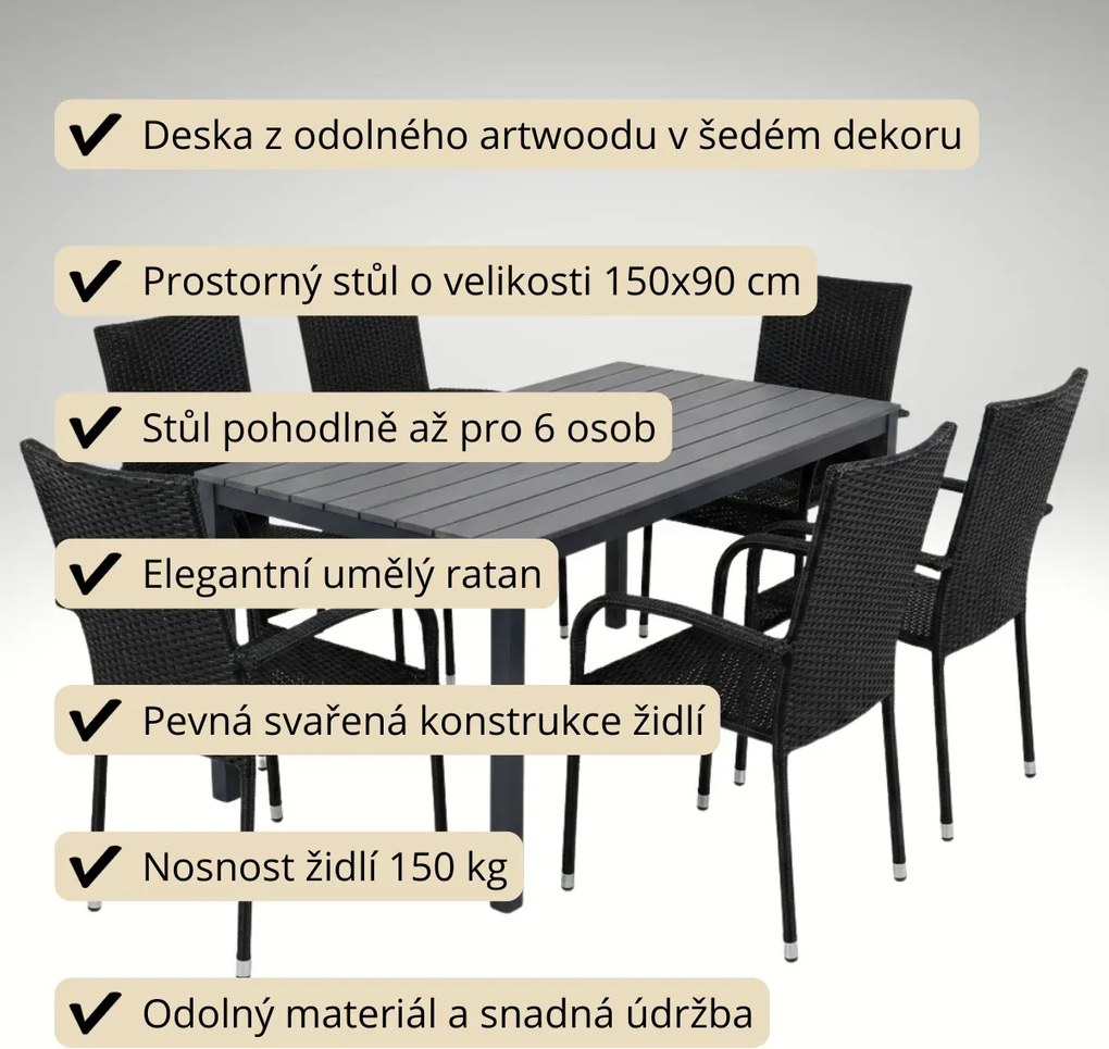 Vikio Zahradní ratanový set 150x90 pro 6 osob DT276-S šedý