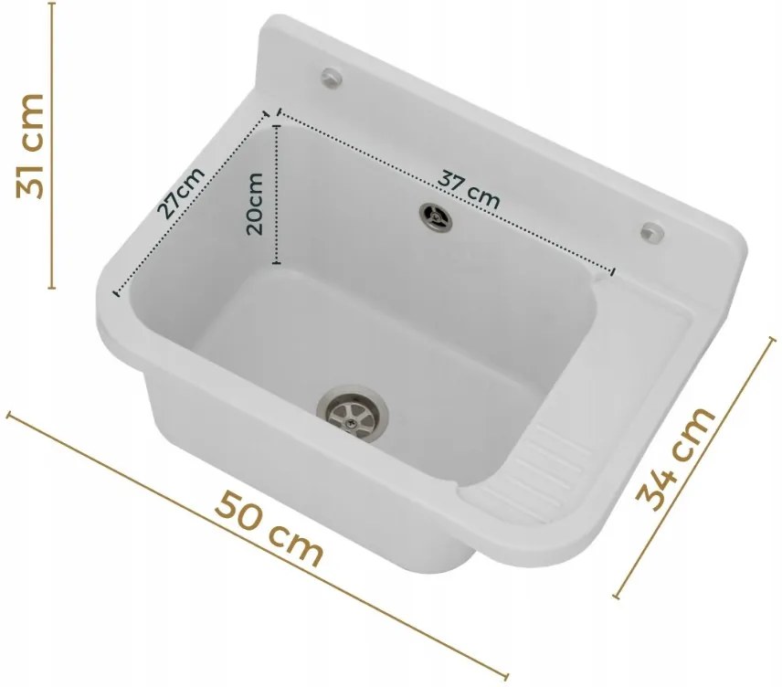 Sink Quality Universe, univerzální plastová výlevka 50x34x31 cm + sifon, 1-komorová, bílá, SKQ-KGK50-WH