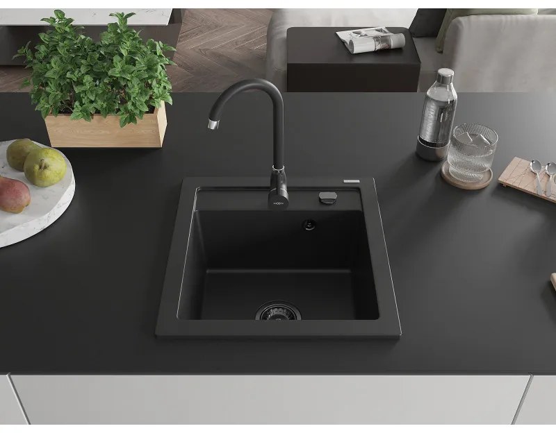 Mexen Vito, granitový dřez 520x490x210 mm, 1-komorový, černá s černým sifonem, 6503521000-77-B