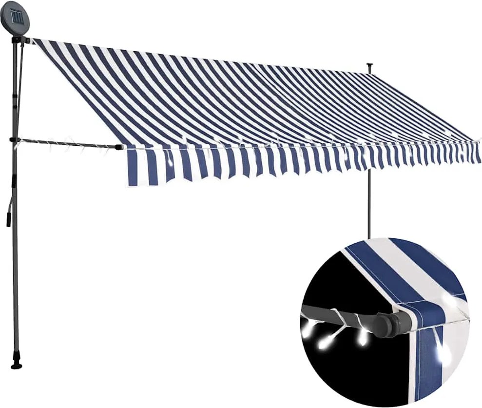 Ručně zatahovací markýza s LED světlem 350 cm modrobílá 145846