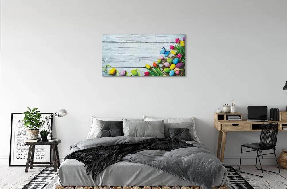 Obrazy na plátně Eggs tulipány motýl 125x50 cm