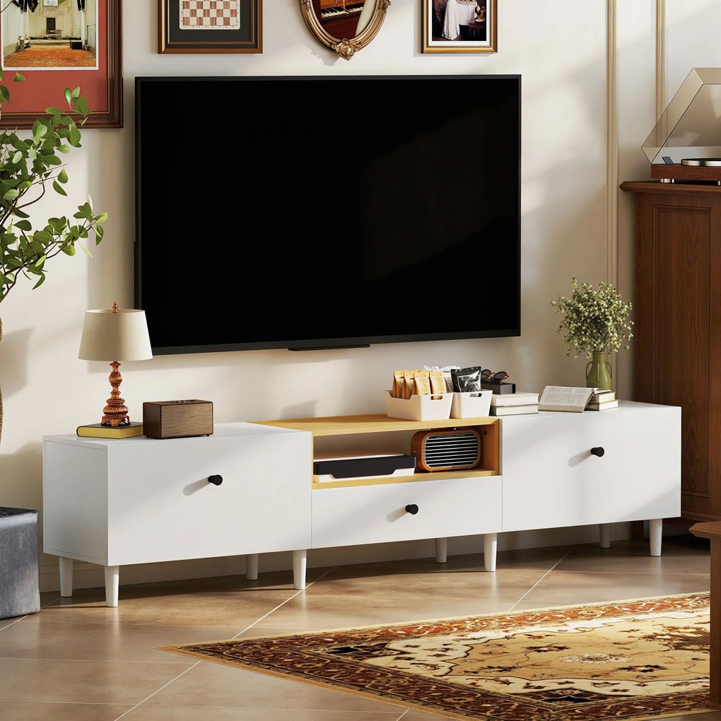 HOMCOM televizní nábytek, TV stolek pro televize až do 228,6 cm s 2 výklopnými dvířky, zásuvkou, 200 x 35 x 45 cm, bílý