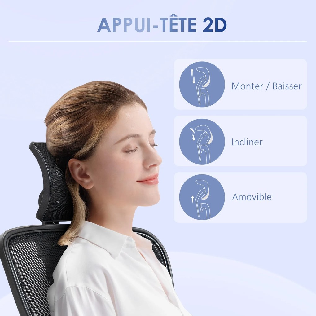 Vinsetto Kancelářská Židle, Kancelářská Židle, Nastavitelný Hlava a Opěrky Rukou, Naklápěcí Ergonomický Opěrák, Výškově Nastavitelný Sedák, Otočná, Pr