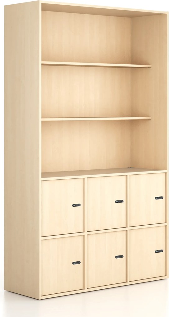 Kancelářská skříň FRAME, 6x dveře, 2x police, 1299 x 450 x 2162 mm, mechanický kódový zámek, bříza