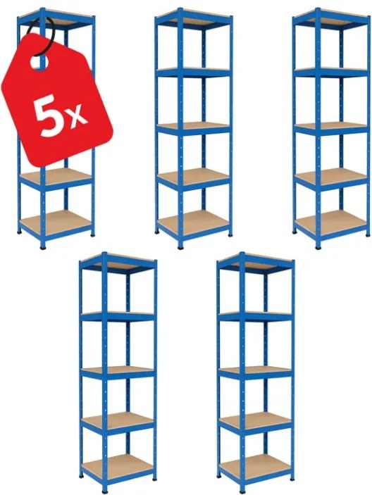 Akce 5x Regál 180x40x40 cm lakovaný 5-policový, nosnost 875 kg - modrý