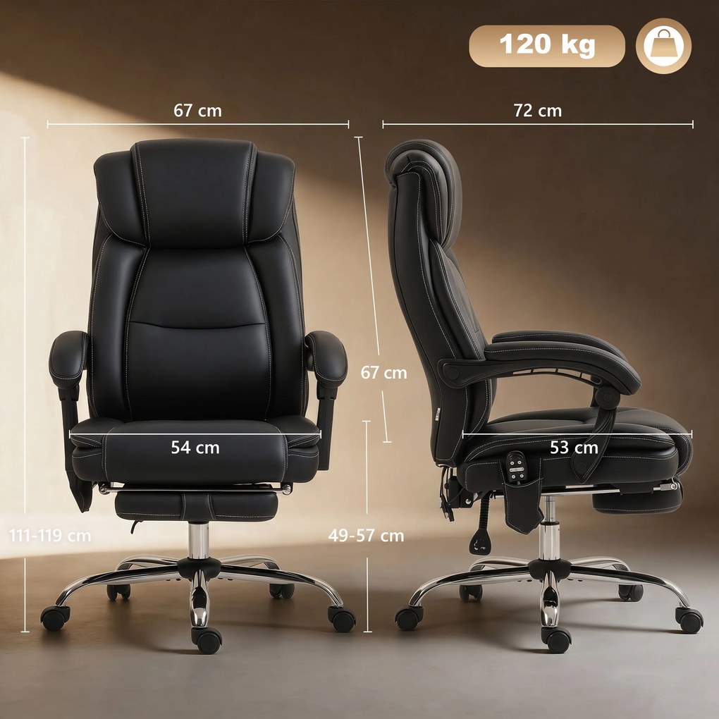 HOMCOM Ergonomická kancelářská židle s masážní funkcí, kancelářská židle s opěrkou nohou, černá umělá kůže