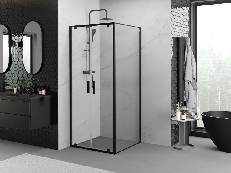 Mexen Exo, výklopná sprchová kabina, dveře 110 cm + boční stěna 110 cm, transparentní sklo, černá, 8182-110-110-70-00