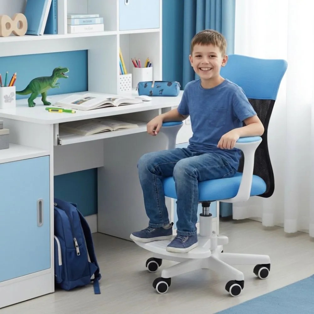 Dětská židle Neoseat MONKEY WHITE s podnoží — látka, bílá / světle modrá