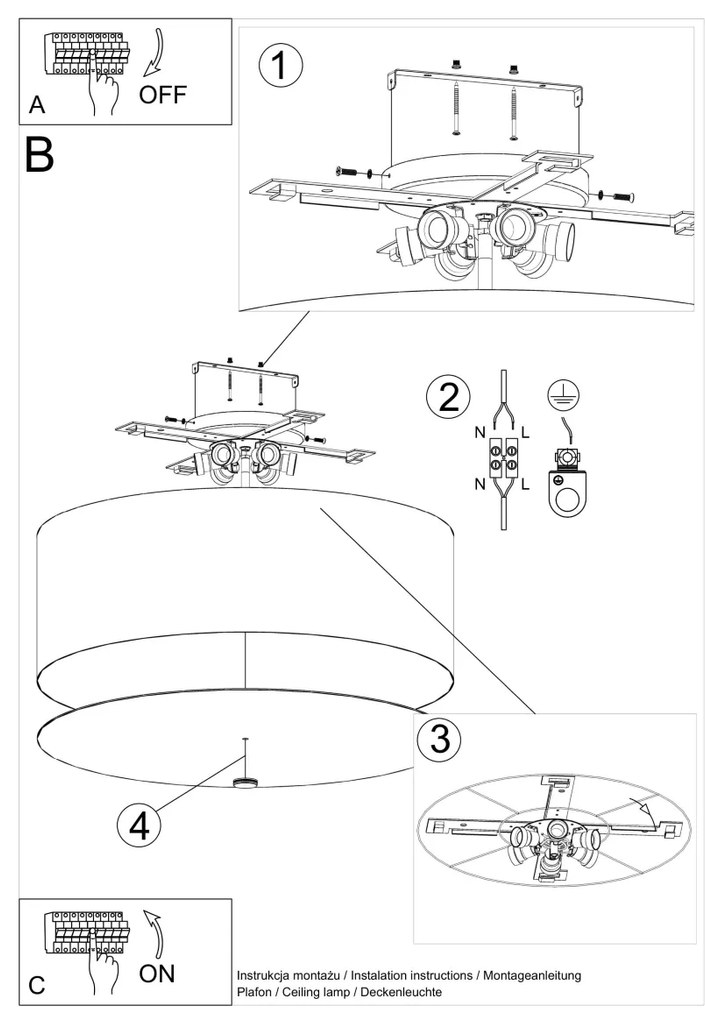 Stropní svítidlo Otto, 1x černé textilní stínítko, (bílé sklo), (fi 70 cm)