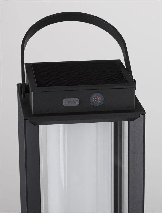 NV 9002862 Venkovní stolní lampa VERHAAL černý hliník a čiré sklo LED 2W 3000K 3,7V 360st. IP54 solární / USB kabel / vypínač na těle - NOVA LUCE