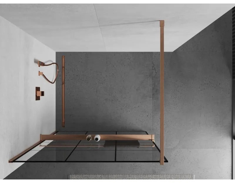 Mexen Kioto+, sprchová zástěna Walk-In s poličkou a věšákem 100 x 200 cm, 8mm čiré sklo černý vzor, měděný matný profil, 800-100-121-65-77