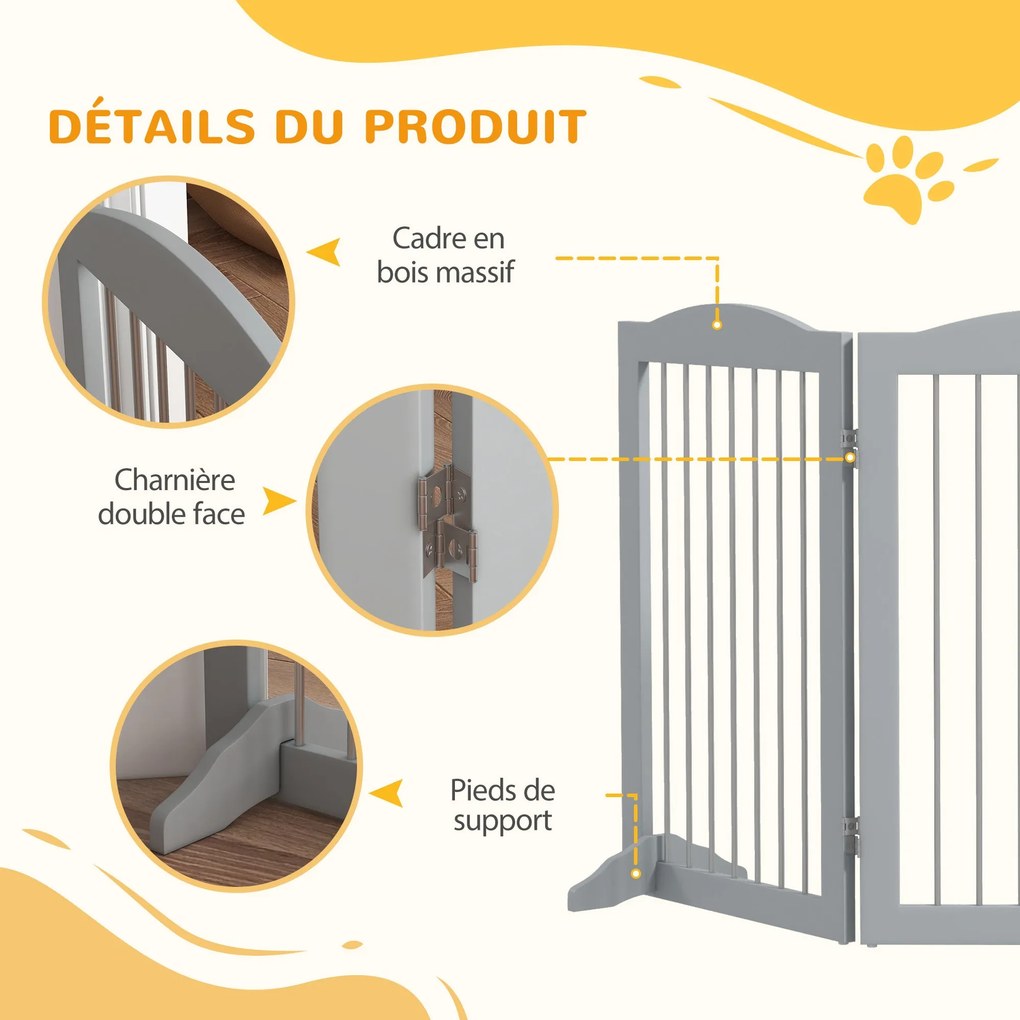 Skládací bezpečnostní bariéra PawHut, 3-panely pro psy, 2 podpěrné nohy, výška 80 cm, pro dveře, chodby, místnosti a schody, šedá