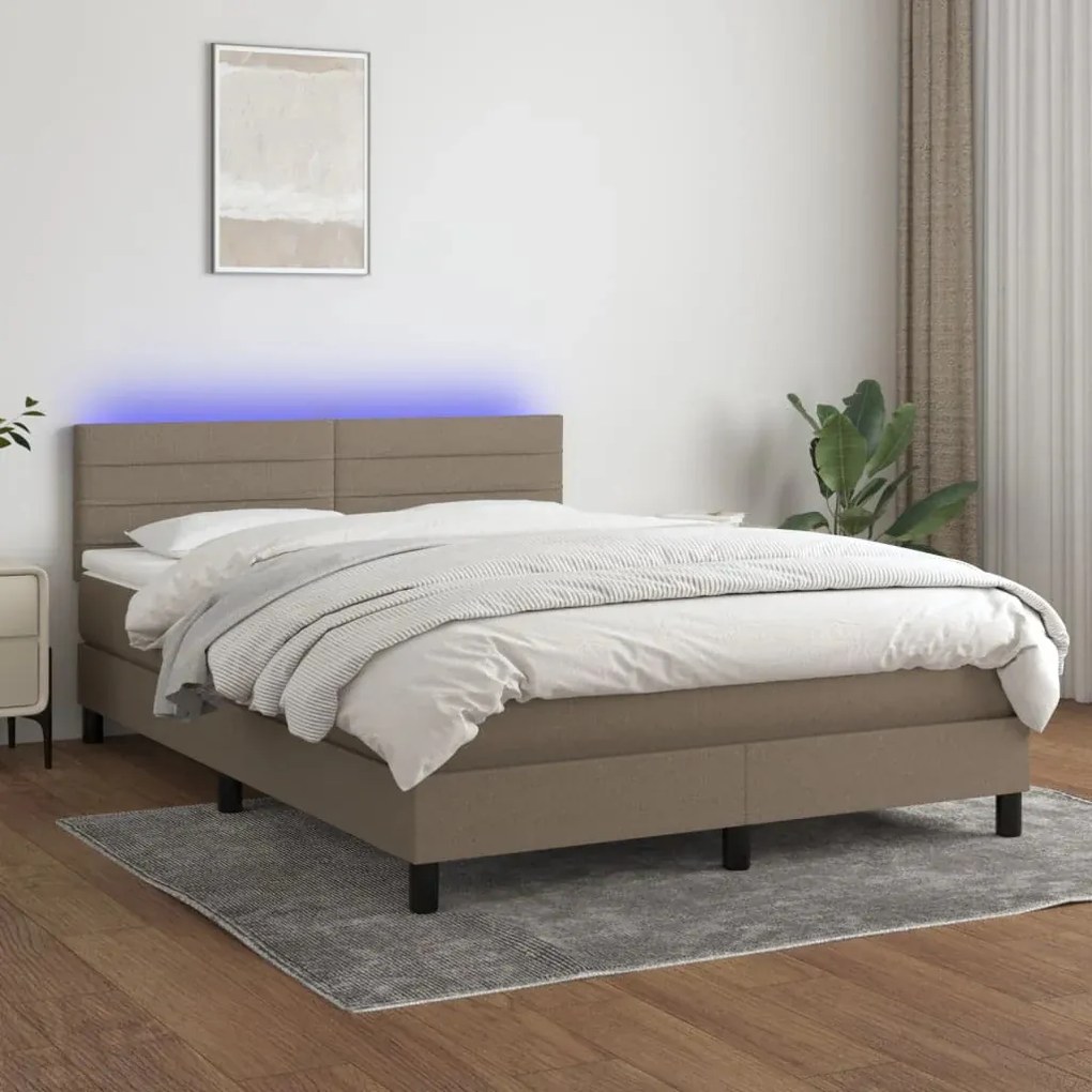 Box Spring Postel S Matrací A Led Textil Taupe vodorovné pruhy 140 x 190