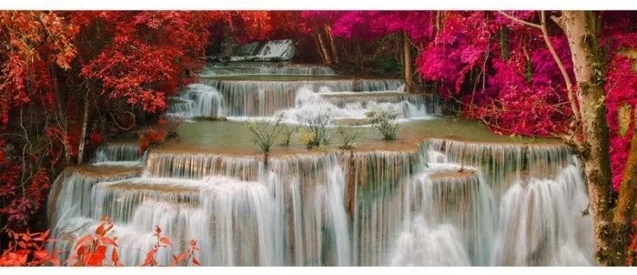 DIMEX | Panoramatická vliesová fototapeta na zeď Vodopád v deštném pralese MP-2-0072  | 375 x 150 cm | bílá, červená, růžová