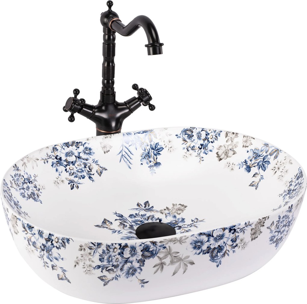 Rea Veronica Mat, umyvadlo na desku 485x350x135 mm, bílá-modrá-vzor, REA-U3900