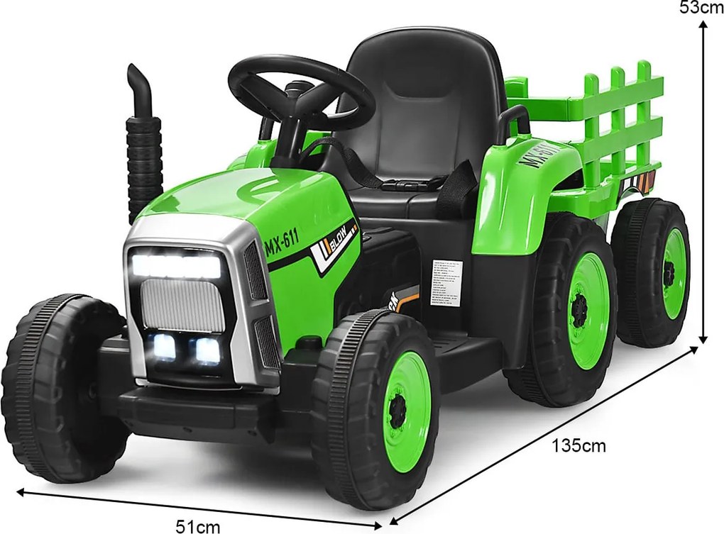 Costway 12 V dětský traktor s odnímatelným přívěsem a dálkovým – tmavě zelená