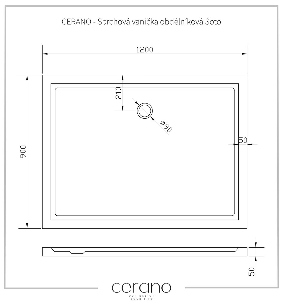 CERANO - Sprchová vanička obdélníková Soto - bílá lesklá - 120x90 cm