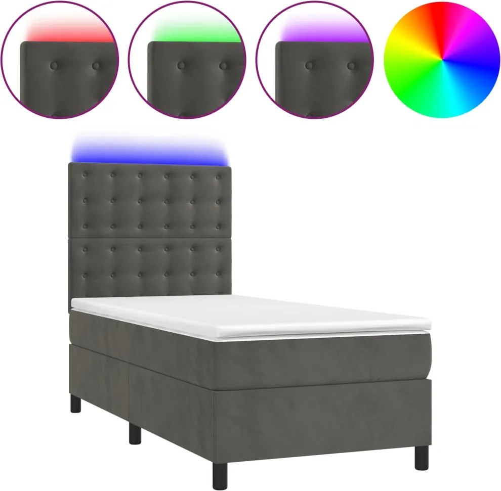 Box spring postel s matrací a LED tmavě šedá 90x190 cm samet 3136336