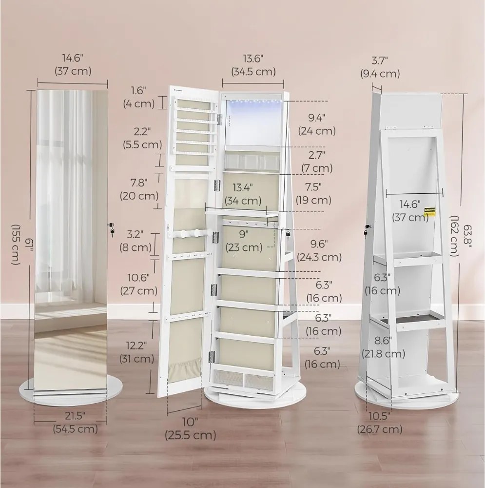 Zrcadlo se stojanem a prostorem na šperky CHANTAL, 54,5×54,5×162 cm, bílá SongmicsHome