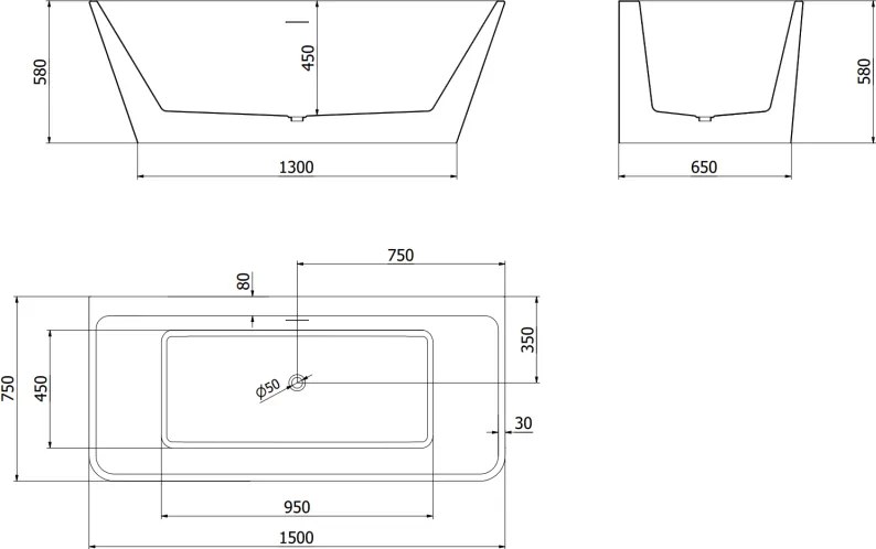 Mexen Volta, volně stojící nástěnná vana 150 x 75 cm, bílá-černá, růžové zlato přepad, 51131507575-60