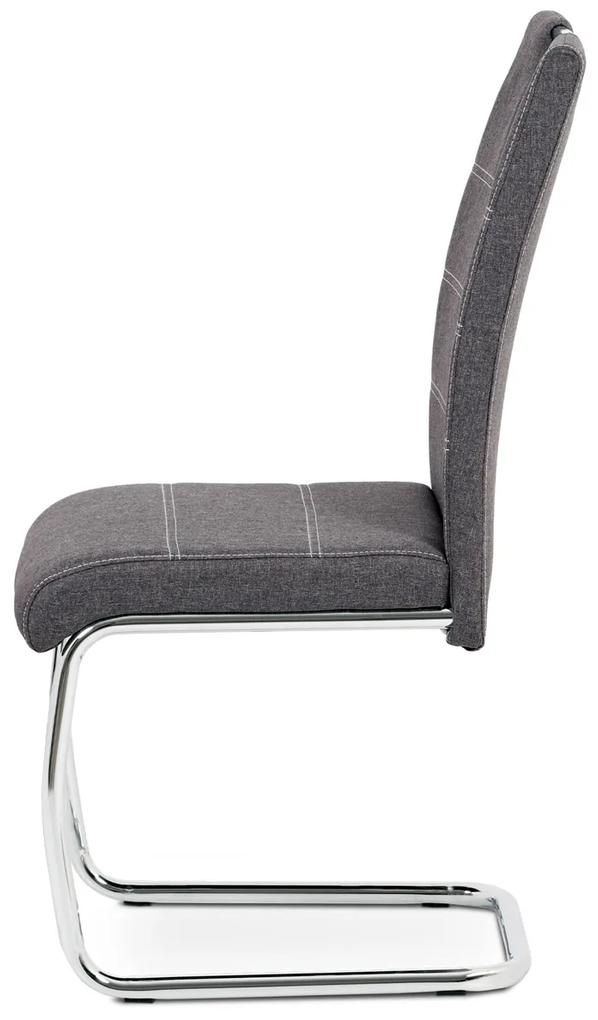AUTRONIC Jídelní židle, potah šedá látka, bílé prošití, kovová chromovaná pohupová podnož