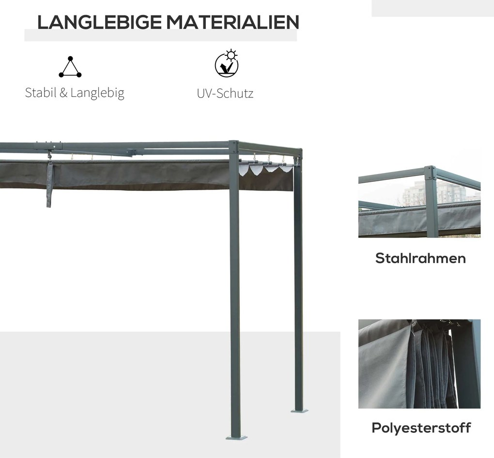 Outsunny pergola altán zastřešení terasy s posuvnou střechou 298 x 213 x 221 cm, šedá, polyester odolný proti povětrnostním vlivům pro zahradu a tera…