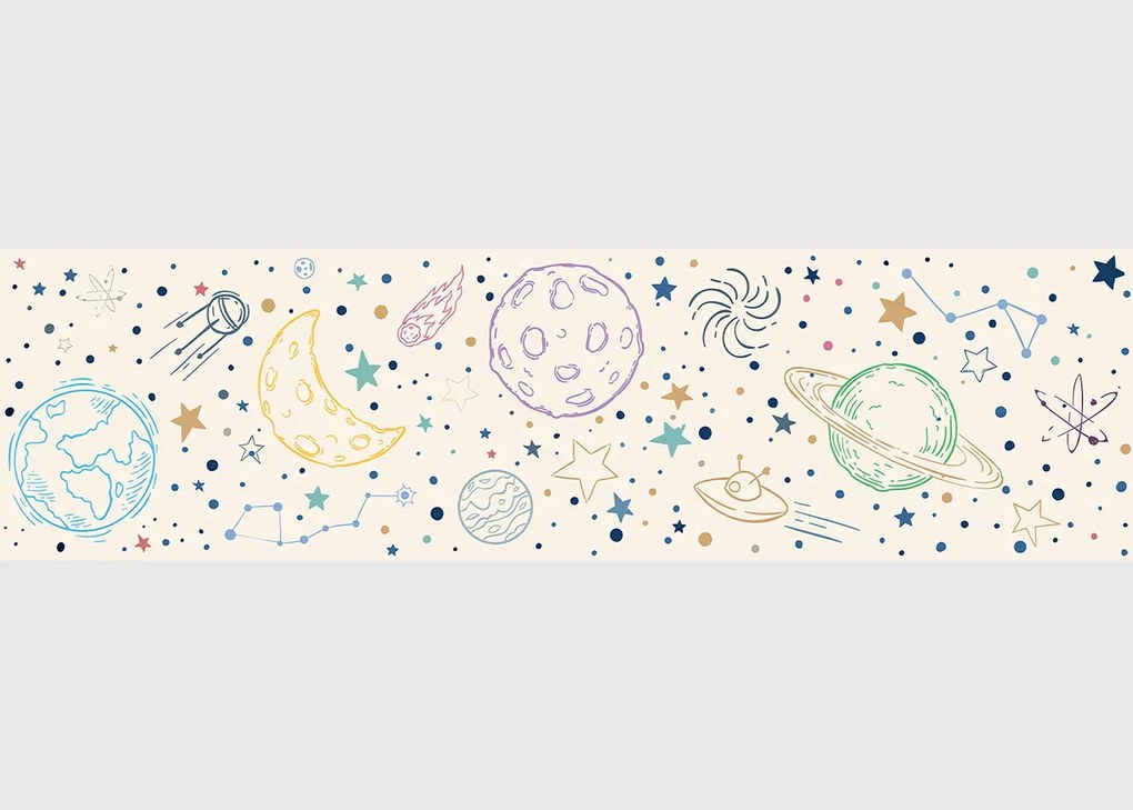 Dětská samolepící bordura na zeď Béžový Kreslený Vesmír | 5 m x 13.8 cm | DWBD8533