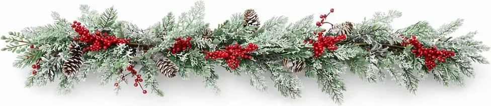 3D umělá vánoční girlanda na stůl s jehličím a červenými bobulemi, 270 × 15 cm, ojíněná
