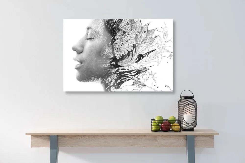 Obraz žena s malovanými květinami v černobílém provedení - 120x80 cm