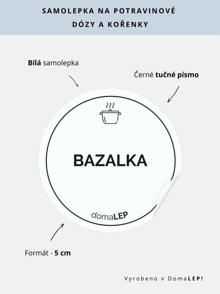 Samolepka na kořenky BAZALKA bílá 5 cm tučné písmo