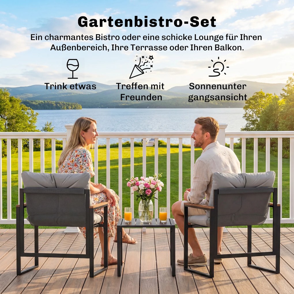 Bistro set pro 2 osoby, 3dílný zahradní bistro set s kovovým rámem a silnými polštáři