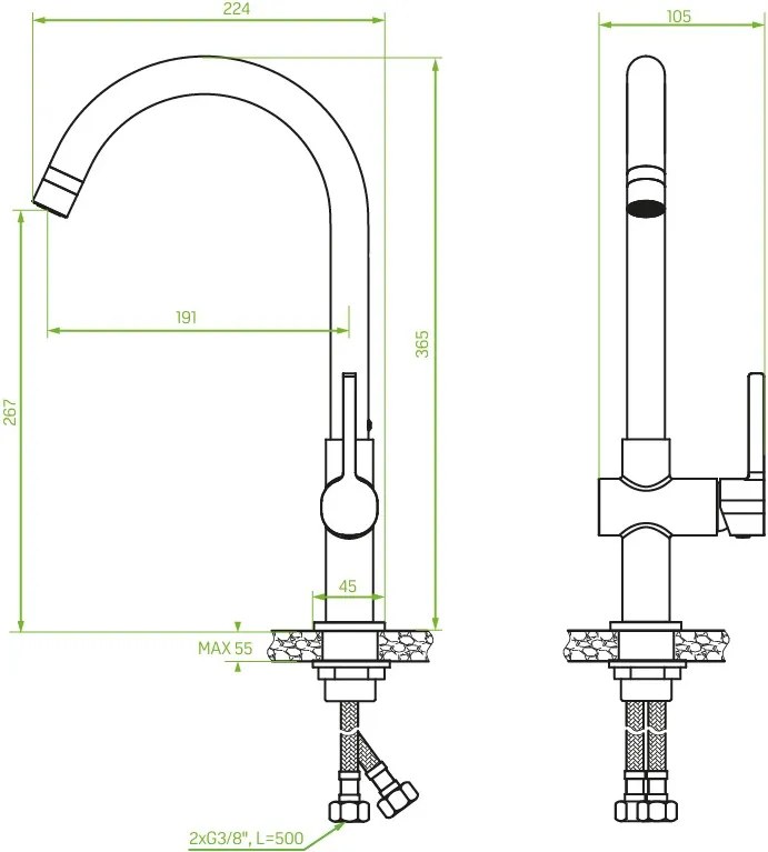 Laveo Alita, dřezová baterie s výtokovým ramenem ve tvaru „U“, broušená ocel, LAV-BVA_368D